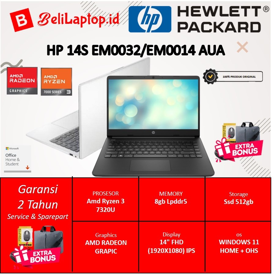 Jual Laptop HP 14s EM0032AU/EM0014AU amd ryzen 7320U 8GB 16GB 14 inch ...