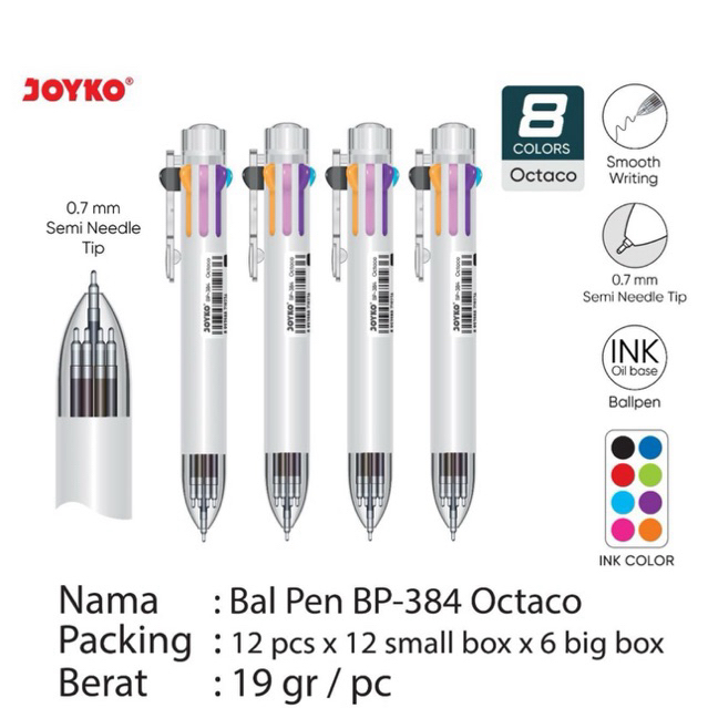 Jual ( 1 pcs ) JOYKO OCTACO Retracable Ball Pen 8 Warna / Pulpen Cetrek ...