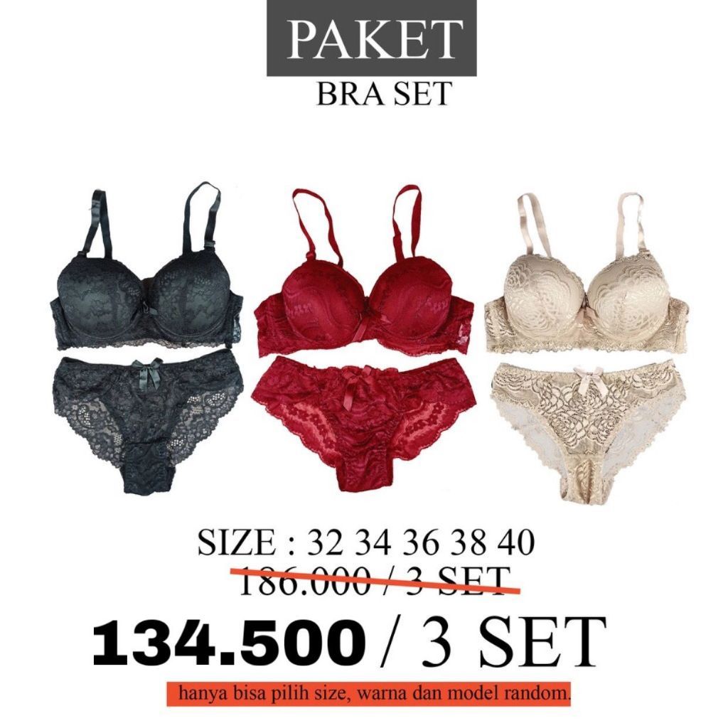 Jual 3 PCS BRA SET BH + CD CELANA DALAM CEWEK SETELAN IMPORT UKURAN 34 - 44 | Shopee Indonesia