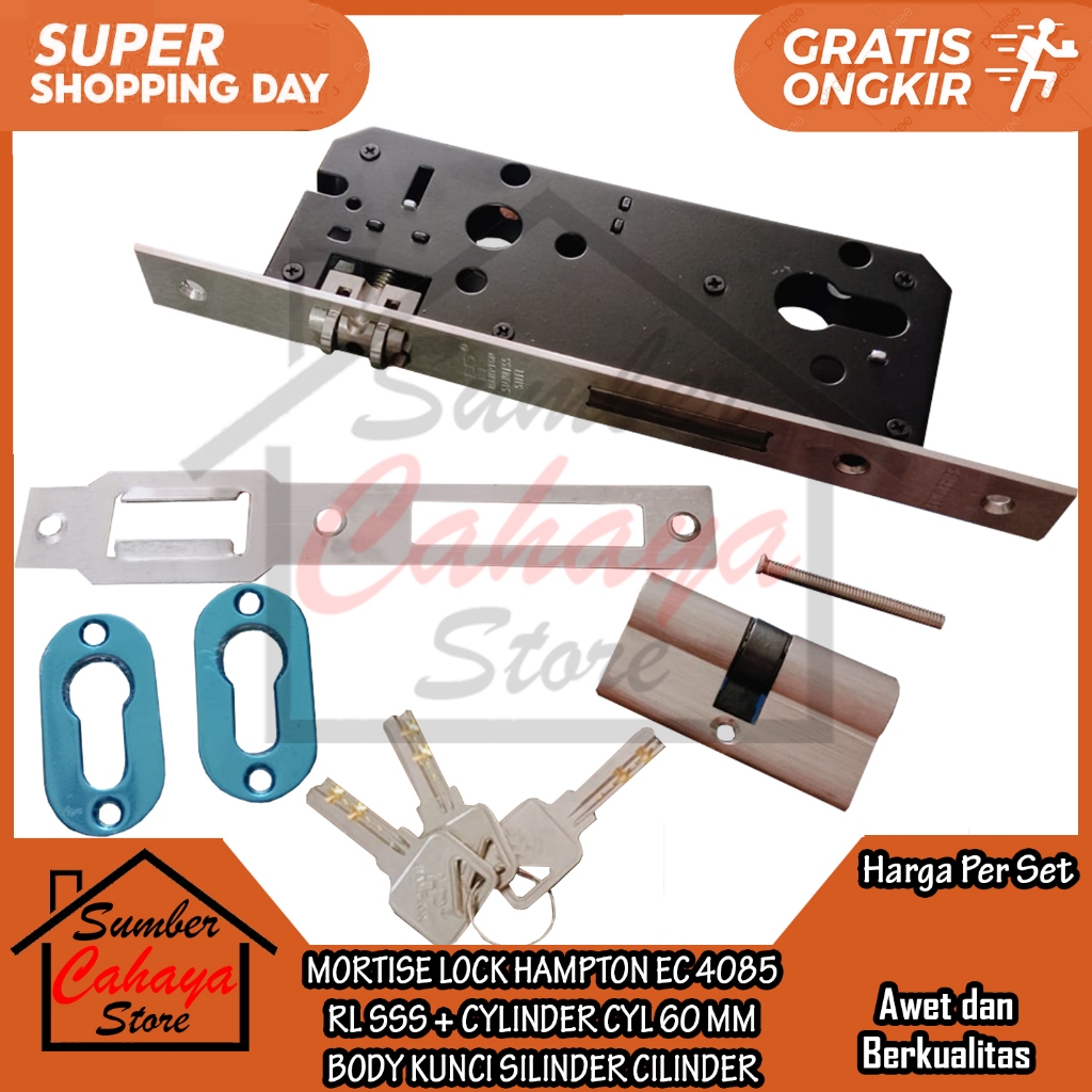 Jual MORTISE LOCK HAMPTON EC 4085 RL SSS + CYLINDER CYL 60 MM BODY ...
