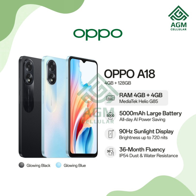 Jual HANDPHONE OPPO A18 RAM 4GB/128GB (Glowing Black & Glowing Blue) | Shopee Indonesia