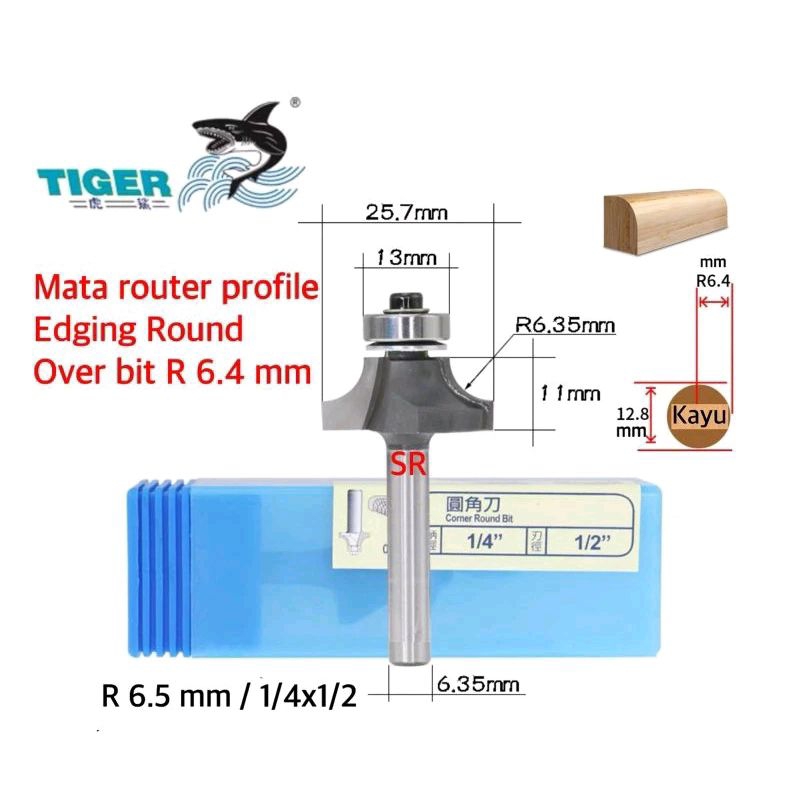 Jual Mata Router/ Profil Round Over Bit 6 mm (1/4×1/2×R 6.35 mm) TIGER ...