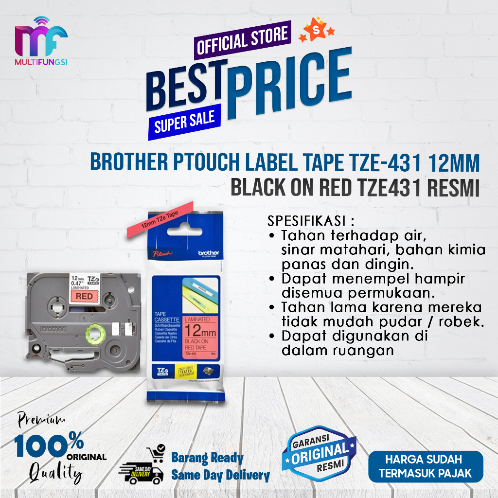 Jual Brother Ptouch Label Tape TZE-431 12mm Black on Red TZE431 Resmi ...