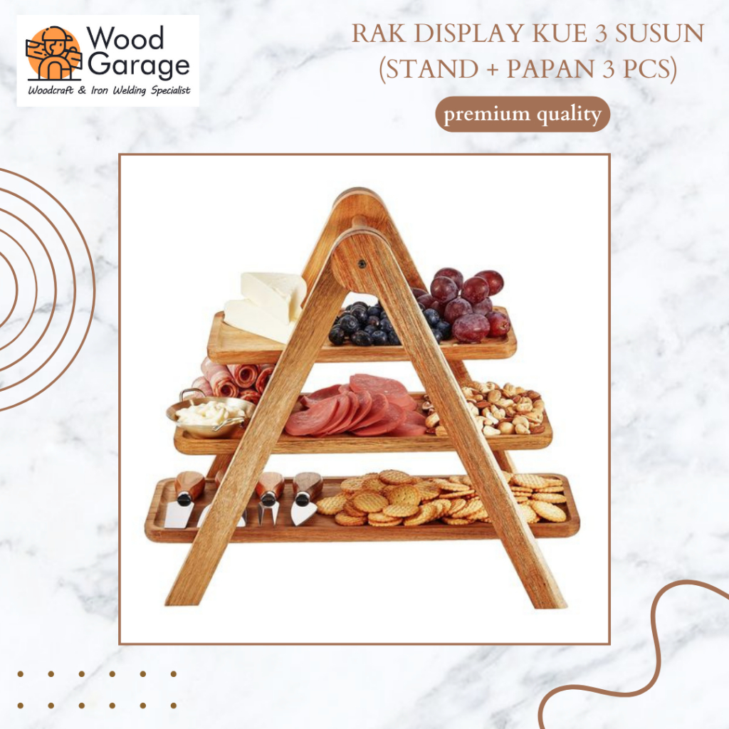 Jual Rak Display Kue Kayu Solid 3 Tingkat (Stand + 3 Pcs Nampan Kayu ...