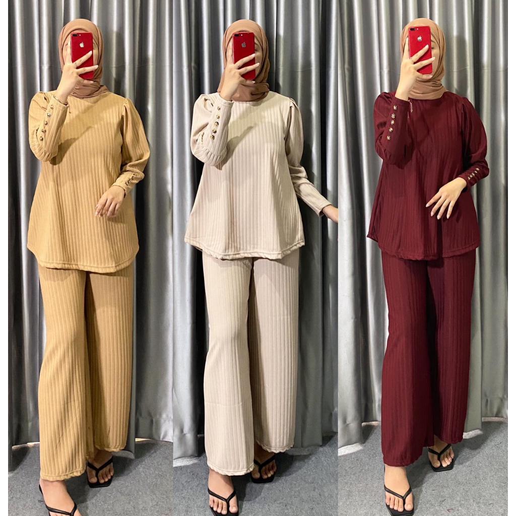 Jual TANISHA ONE SET - One Set Hornet Knit Lengan Kancing Setelan Celana Kulot Wanita Premium ...