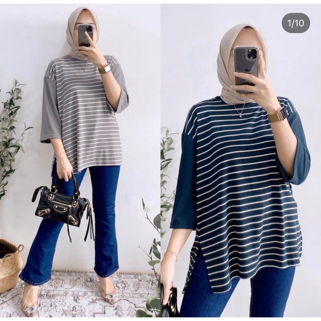 Jual 1320 atasan oversize wanita kaos knit salur kombinasi kaos ...
