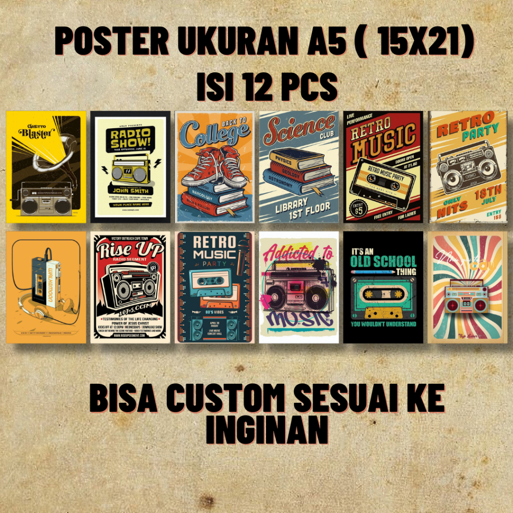 Jual 12 poster retro Ilustration Vectors hiasan dinding dekorasi ...