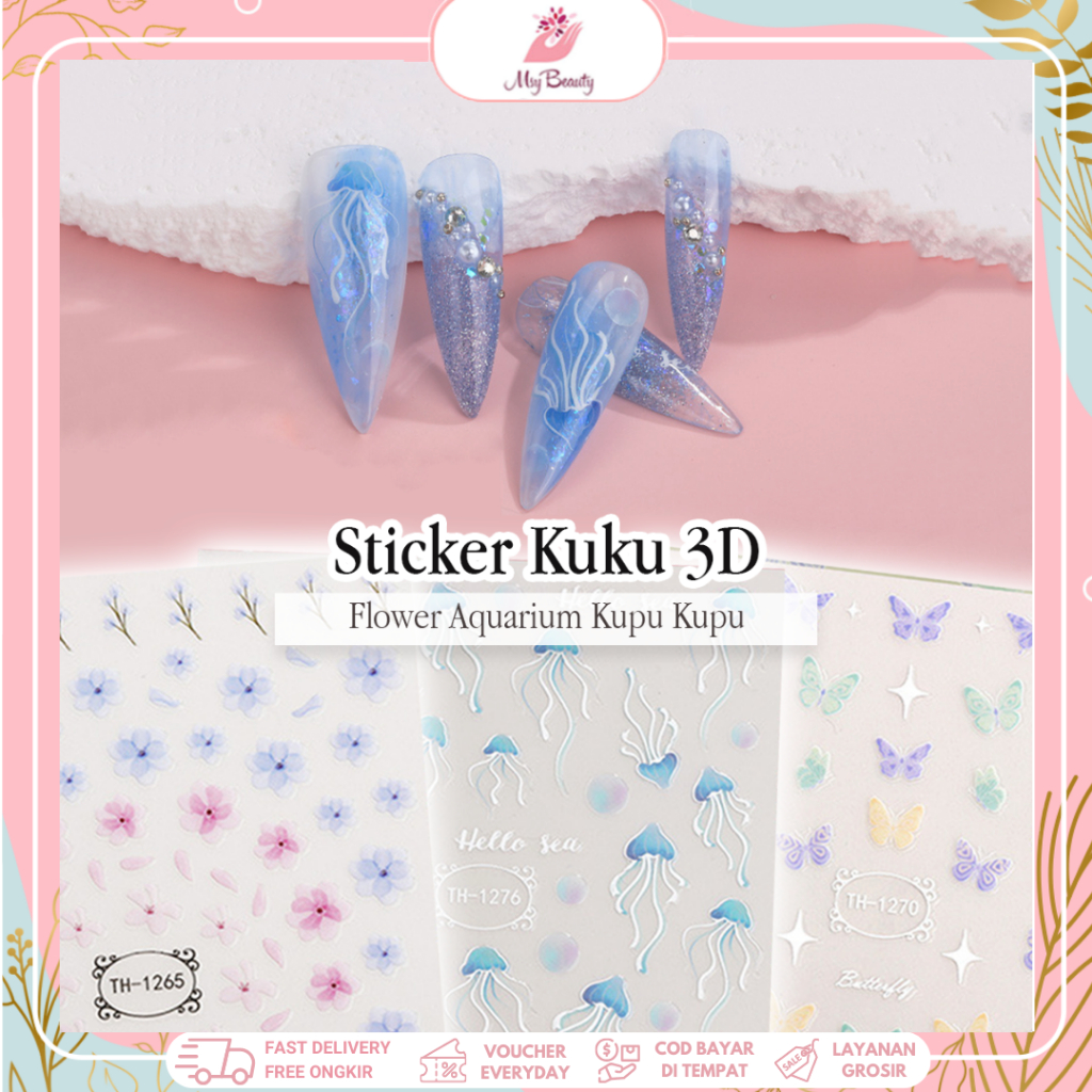 Jual MSY Stiker Kuku 3D Motif Flower/Aquariam/Butterfly/Sticker Nail ...