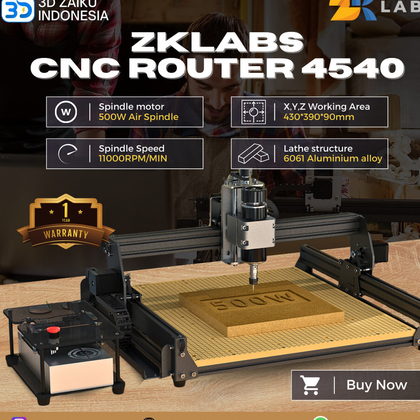 Jual ZKLabs CNC Router 4540 with 500W Spindle 3 Axis PCB Wood Aluminium ...