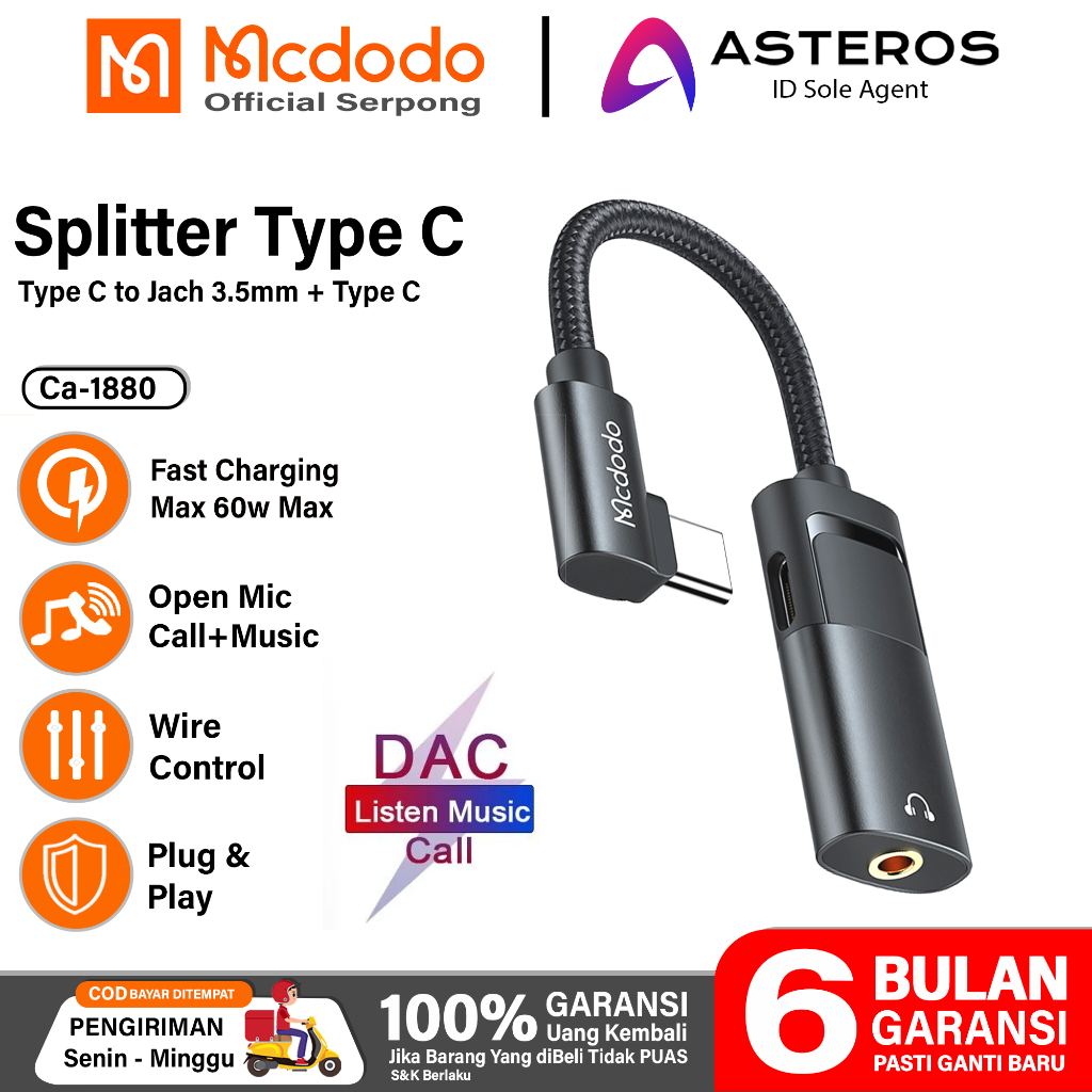 Jual MCDODO Converter Splitter Type C To Jack 3.5mm Charging + Call Ca ...
