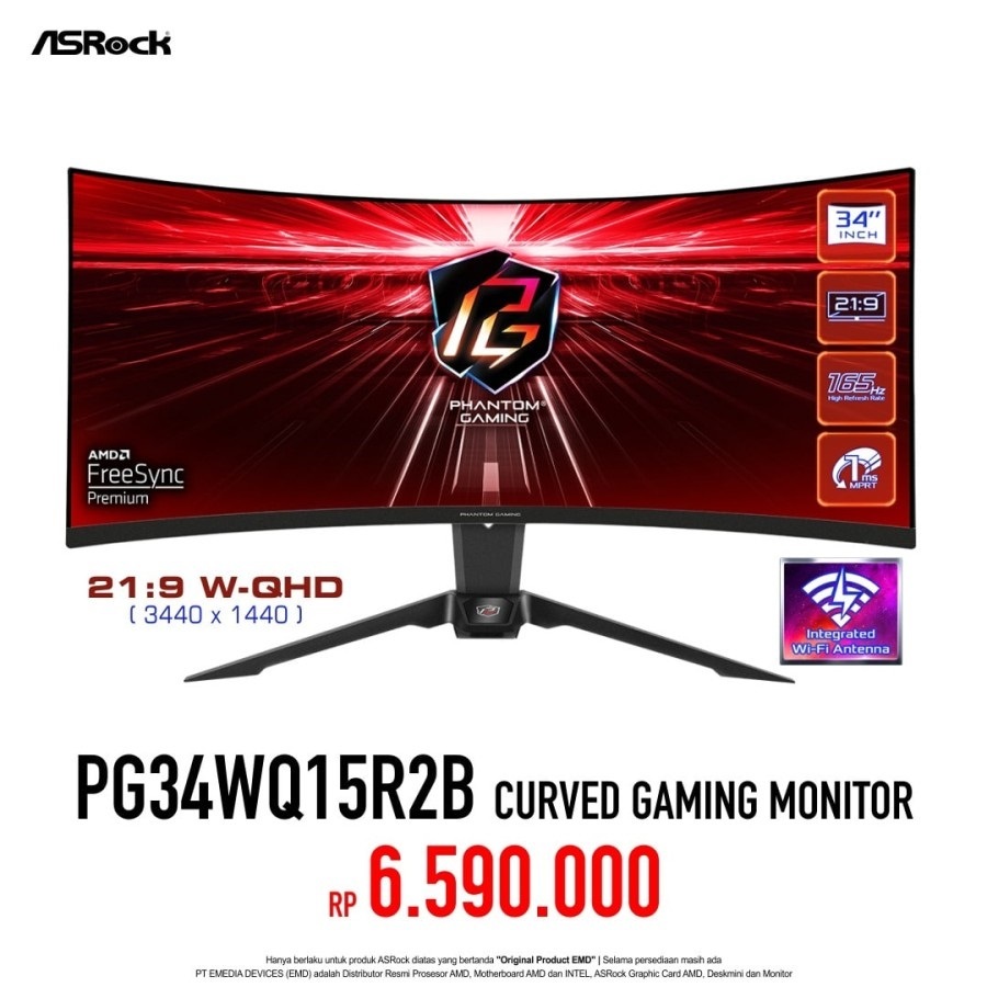 Jual ASROCK PG34WQ15R2B 34" GAMING MONITOR UltraWide WQHD 165Hz CURVED ...