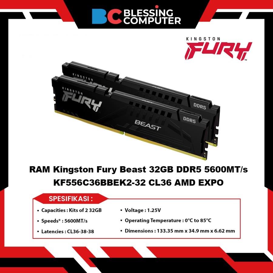 Jual RAM Kingston Fury Beast 32GB DDR5 5600MT/s KF556C36BBEK2-32 CL36 | Shopee Indonesia