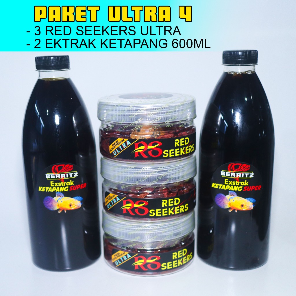 Jual PAKET HEMAT 4 RED SEEKERS ULTRA DAN EKTRAK KETAPANG BERRITZ [Pakan ikan channa,arwana ...