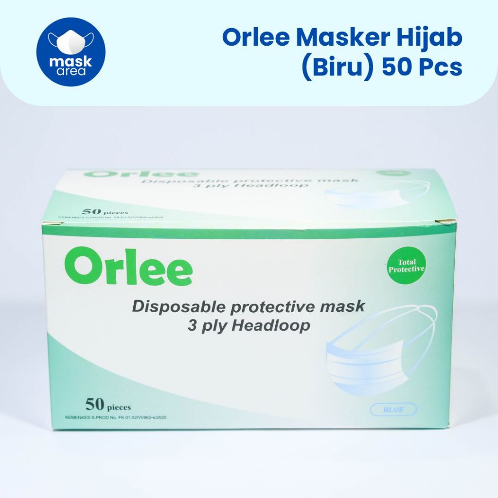 Jual Masker Orlee Headloop (Hijab) Biru Non-Medis 3 Ply 50 Pcs (Box ...