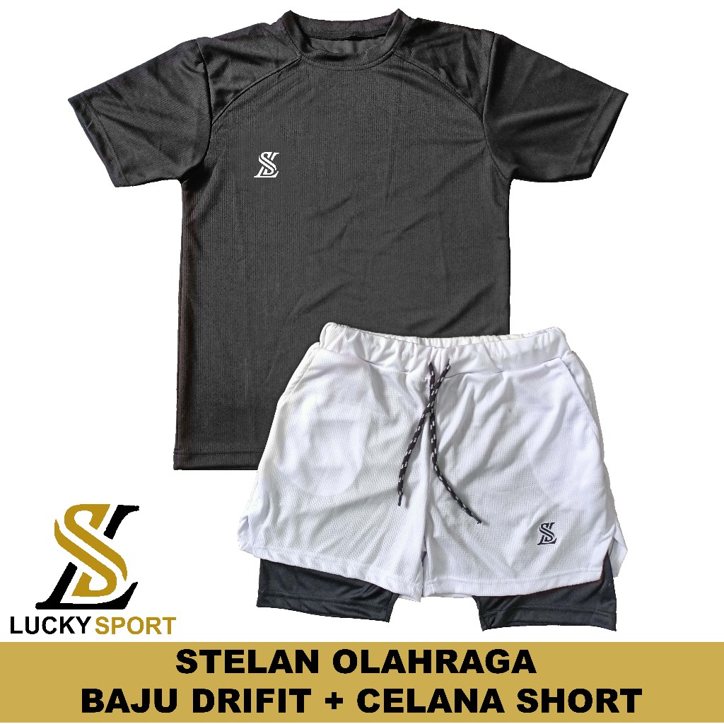 Jual Setelan Olahraga Pria Double Layer 1 Set Baju Kaos Dryfit Celana ...