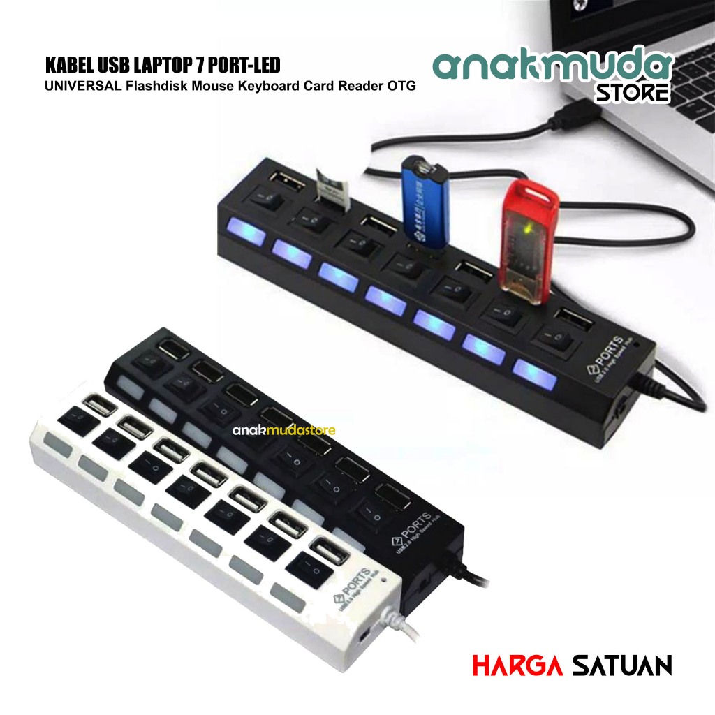 Jual (USB7) USB Laptop PC Kabel Data Hub 7 Port LED dan Saklar Colokan ...