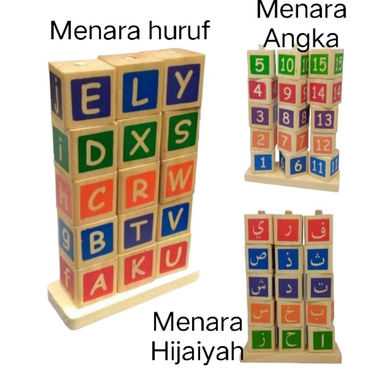 Jual Mainan Kayu Edukasi Menara Balok Susun Pinus Menara Kubus Angka ...