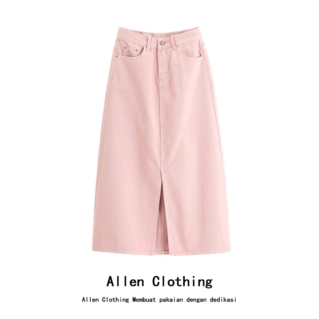 Jual Allen Clothing Rok Denim Celah Kualitas Tinggi Merah Muda Impor ...