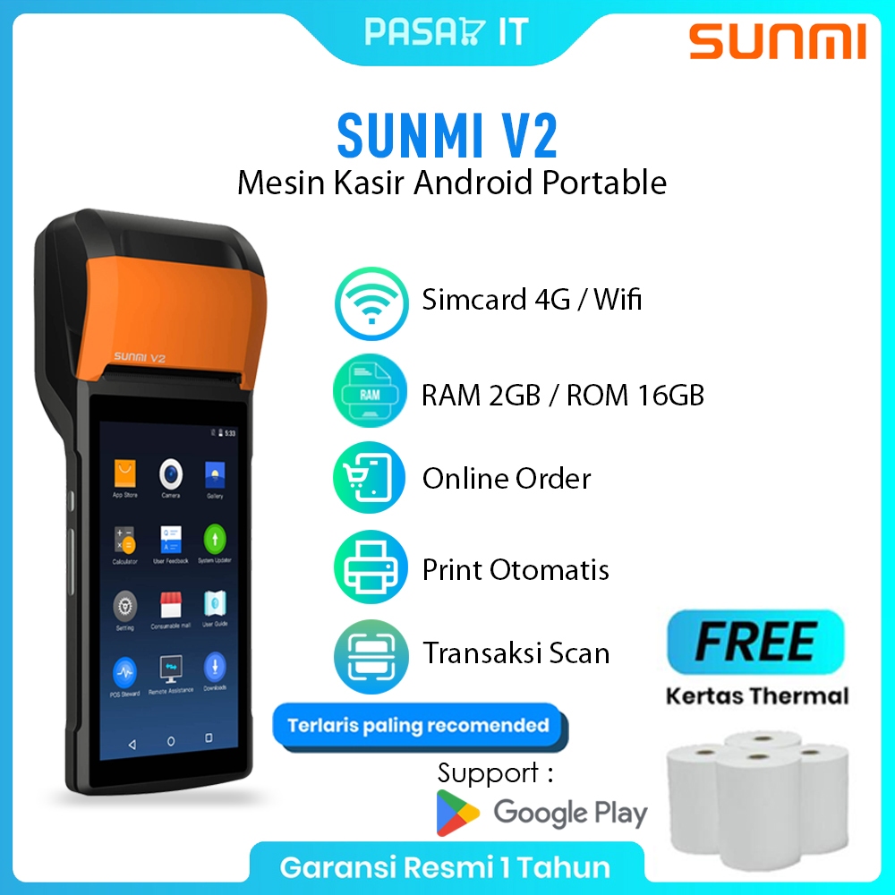 Jual Mesin Kasir Android SUNMI V2 2/16GB 4G LTE + WIFI Thermal Printer Scan Barcode Bisa Print ...