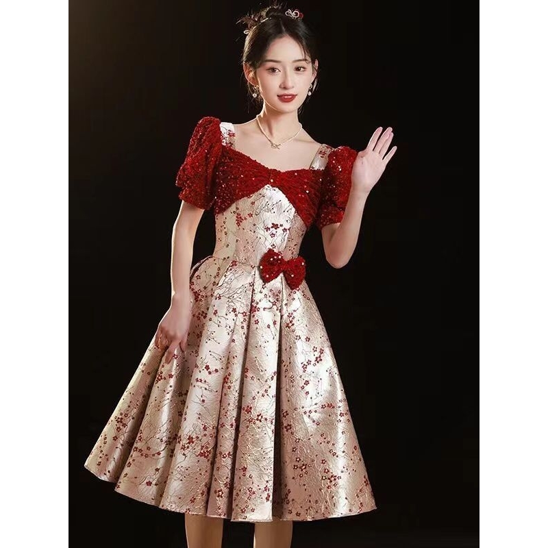 Jual sabrina ribbon pita bow red gold dress merah emas flare midi dredd ...