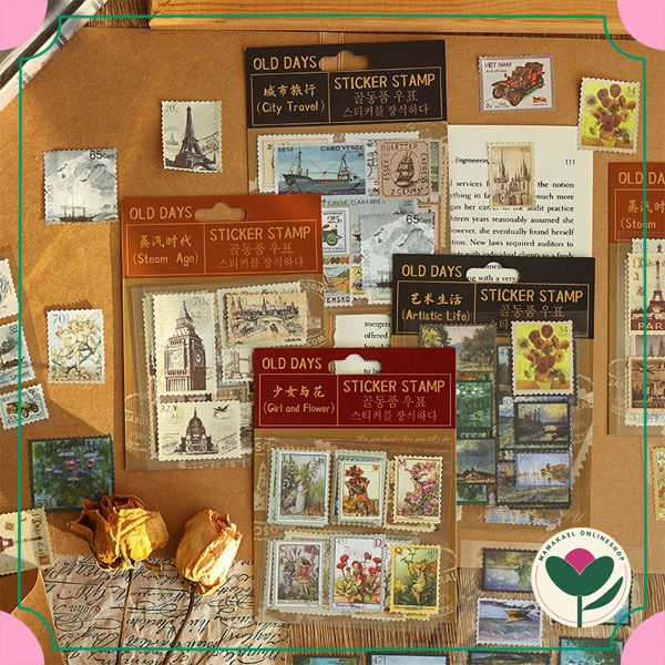 Jual 1 set 4 lembar sticker perangko old days stamp stiker deco jurnal ...