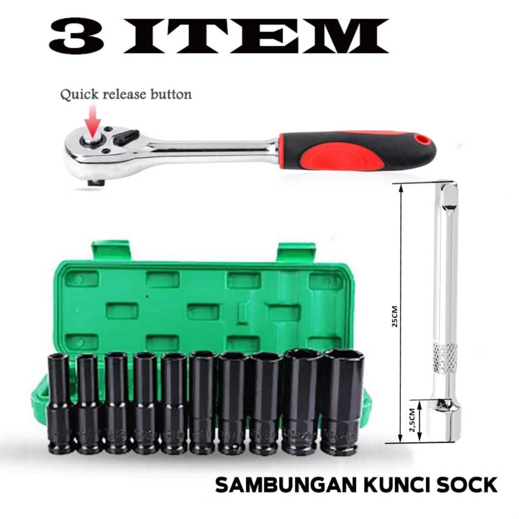 Jual NEW PAKET SET Impact Socket Set 10Pcs 1/2 Inch 8-24MM Extension ...