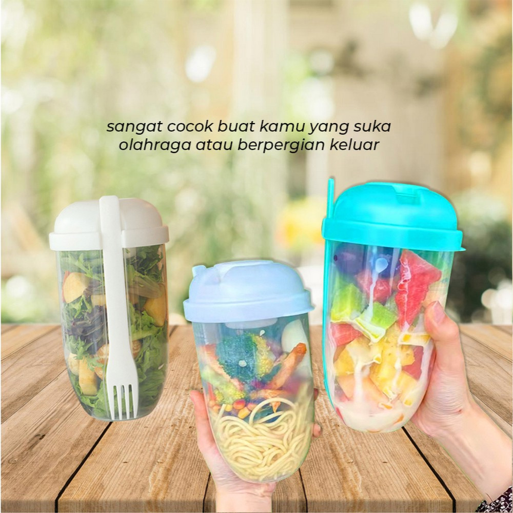 Jual Botol Salad Transparan 1000ML dengan Sendok Garpu Portable / Gelas ...