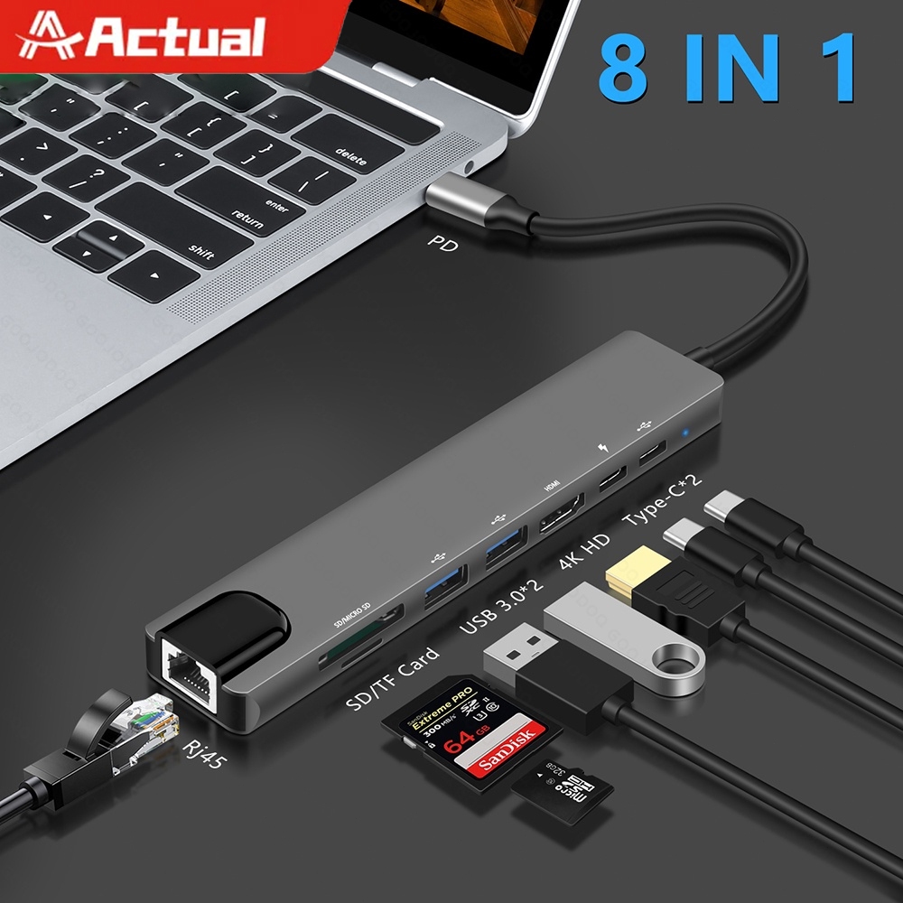 Jual Actual【COD】USB C Hub Type-C 3.1 to 4K Compatible RJ45 USB SD/TF ...