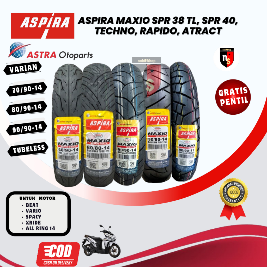 Jual Ban aspira maxio SPR 38 TL 80 / 90 -14 TUBLESS untuk matik Ban honda | Shopee Indonesia