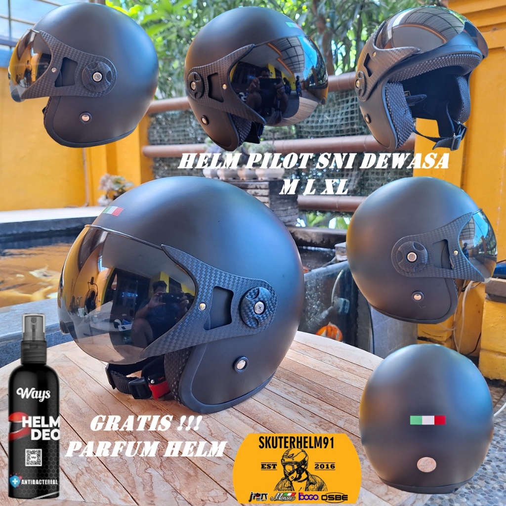 Jual Helm Dewasa Pilot Retro Half Face SNI Hitam Doff Untuk Laki Laki ...