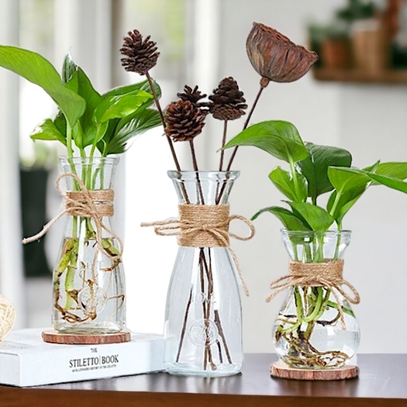 Jual Vas bunga aesthetic / Vas kaca bening tali rami / Vas bunga meja ...