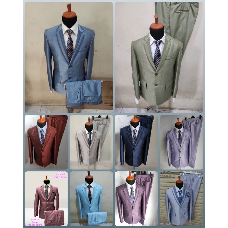 Jual Podo Moro 1 stel jas semi woll kilap DENIM, SAGE GREEN jas wedding ...