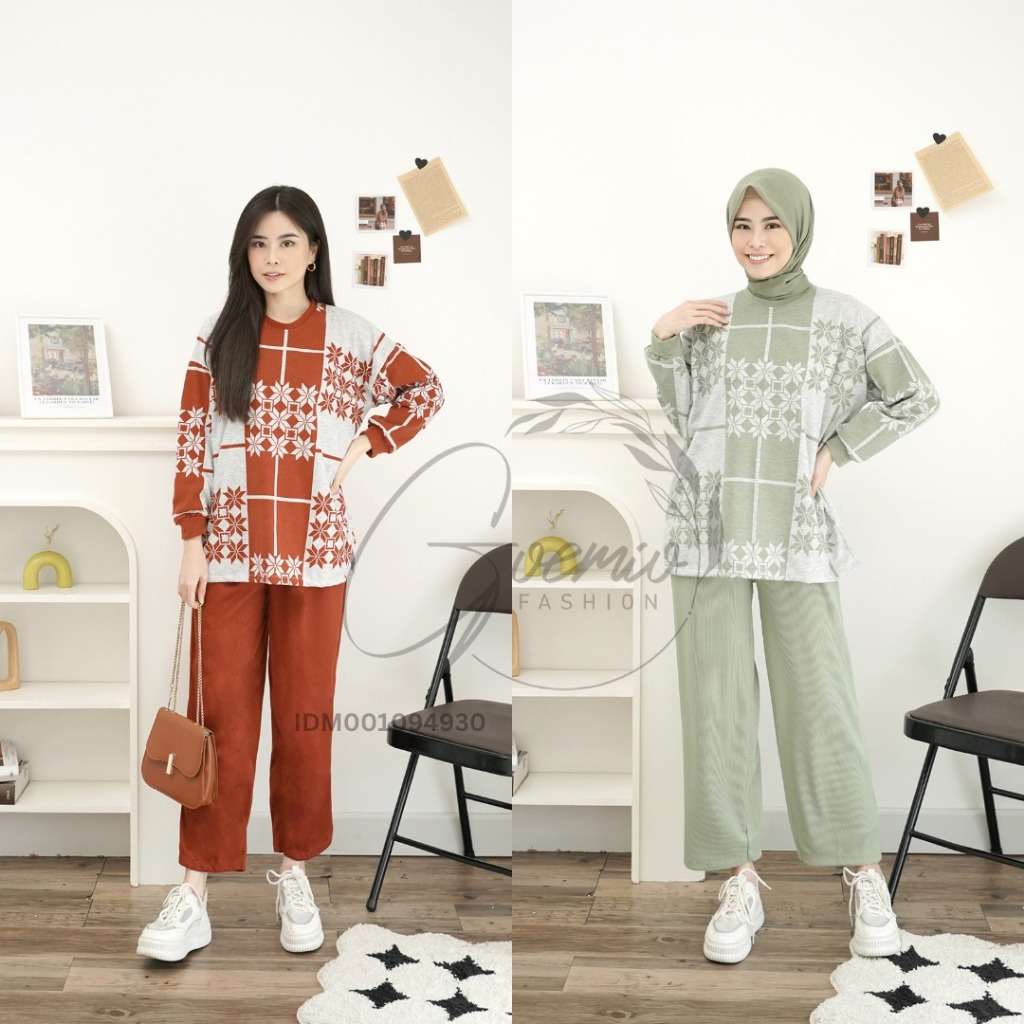 Jual Ilook | LD 120 One Set Cantika Setelan Katun Knit Combi Atasan Motif Dan Celana Panjang ...