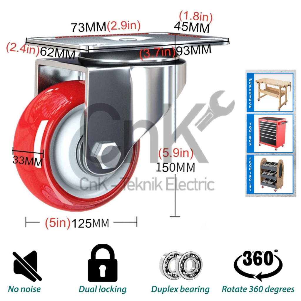 Jual RODA CASTER WHEEL PU MERAH HEAVY DUTY 3 / 4/ 5 INCH RODA TROLY UP ...