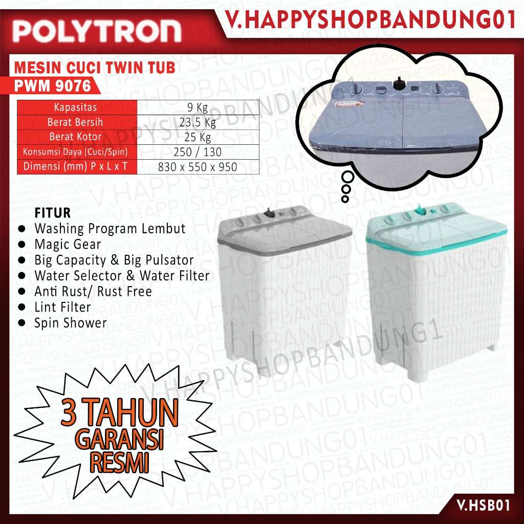 Jual mesin cuci 2 tabung POLYTRON 9 KG PWM 9366 / 9076 Garansi Resmi ...