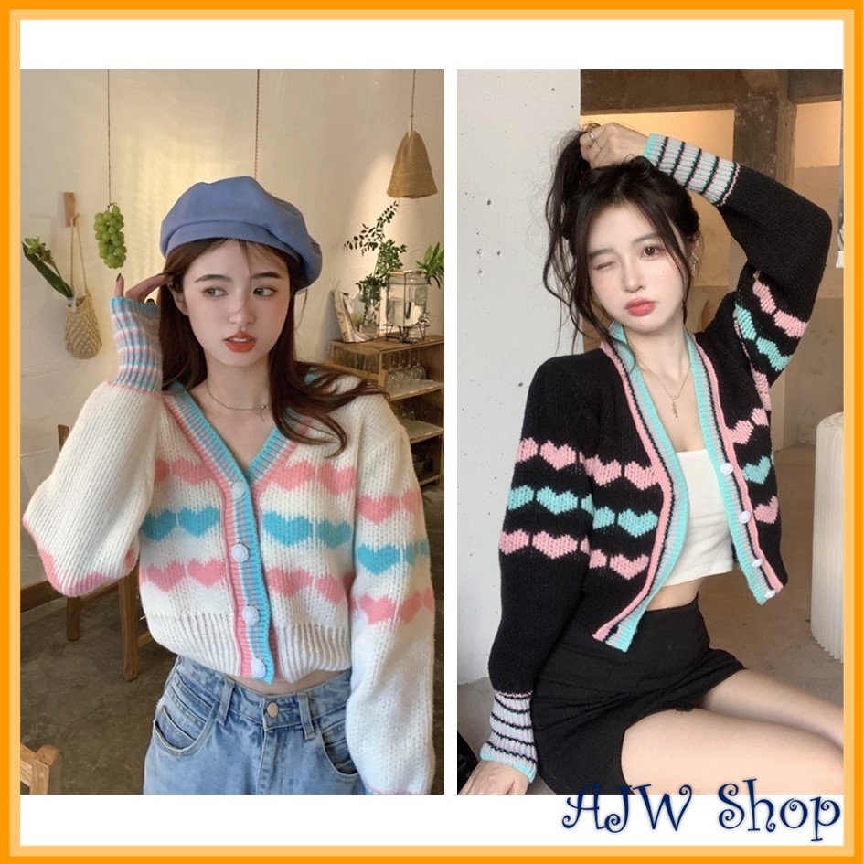 Jual AJW Cardigan Crop Candy Heart Knit Premium WBW | Atasan Wanita Korean Style Crop Candy ...