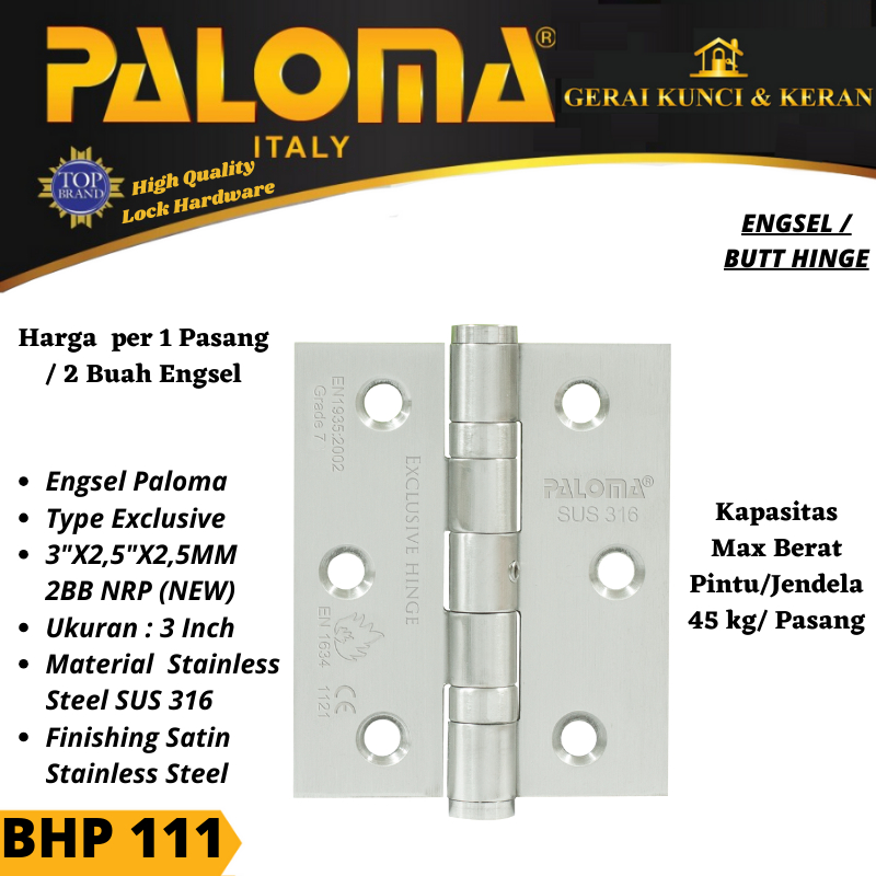 Jual PALOMA BHP 111 BUTT HINGE ENGSEL JENDELA EXC 3"X2,5"X2,5MM 2BB NRP ...