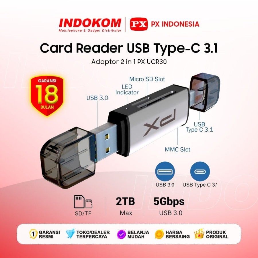 Jual PX UCR30 Card Reader USB 3.0 Type C Micro SD High Speed OTG 2 in 1 ...