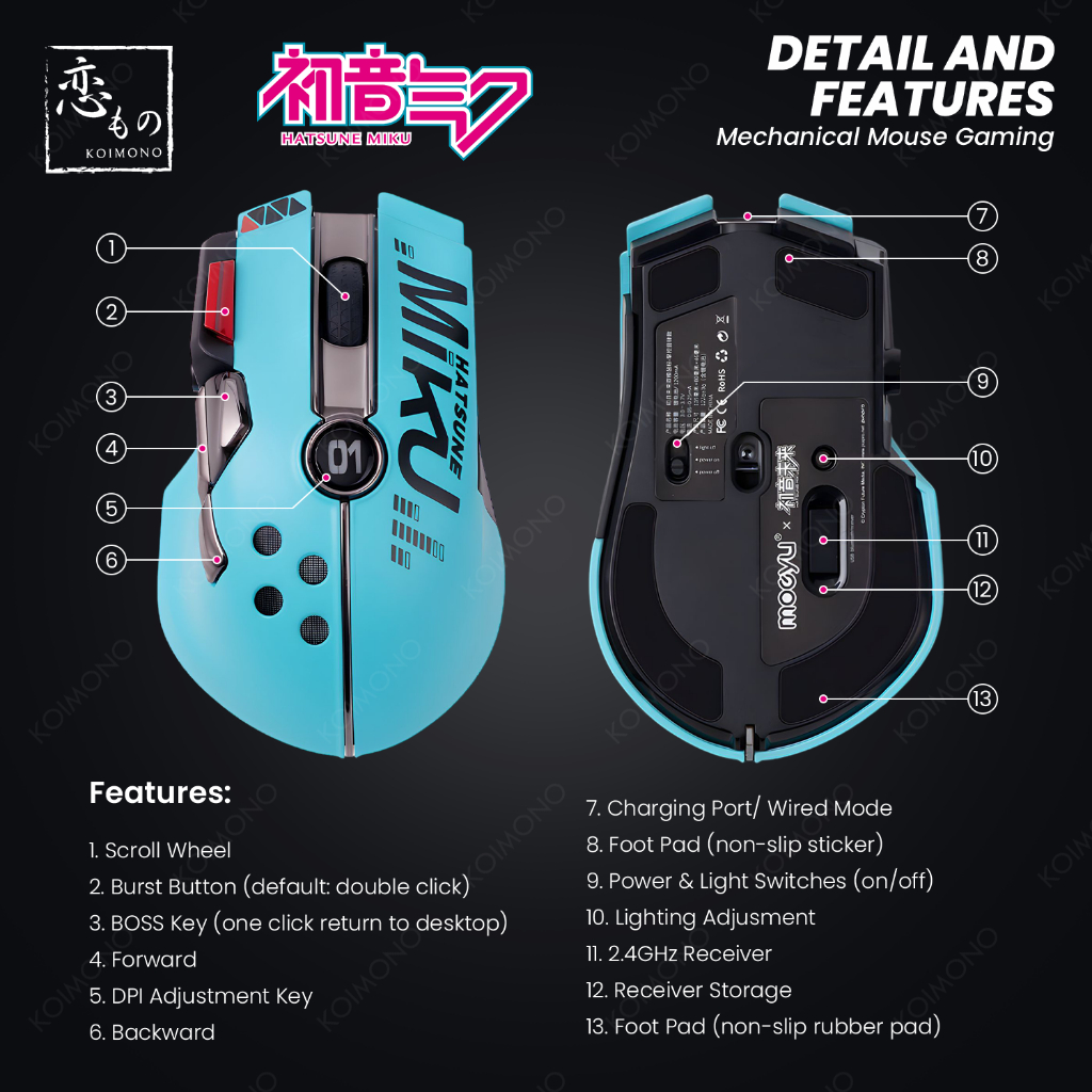 Jual KOIMONO Hatsune Miku Wireless Gaming Mouse Official Piapro x Moeyu ...
