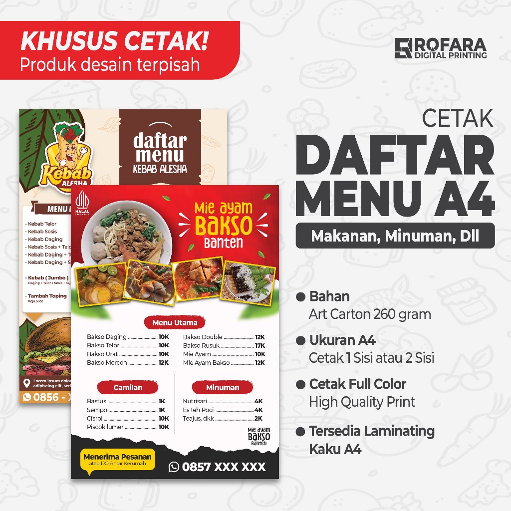 Jual Cetak Daftar Menu A4 | Makanan, Minuman, Dll | Bahan Art Carton ...