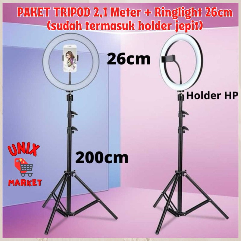 Jual PAKET KOMPLIT RINGLIGHT 26CM / 33CM + TRIPOD 2,1 METER MAKE UP VLOG LAMPU RINGLIGHT MURAH ...