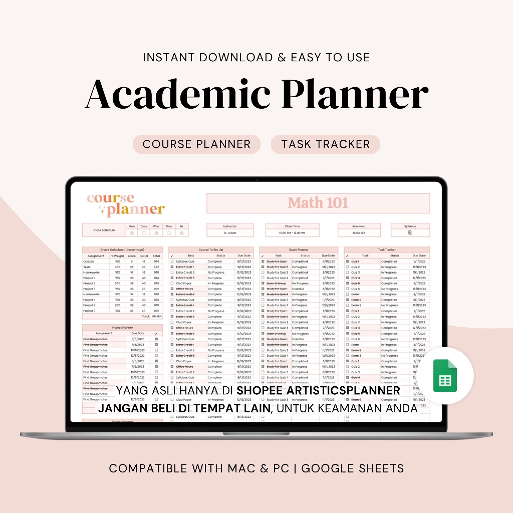 Jual Academic University Planner Spreadsheet | Assignment Tracker ...