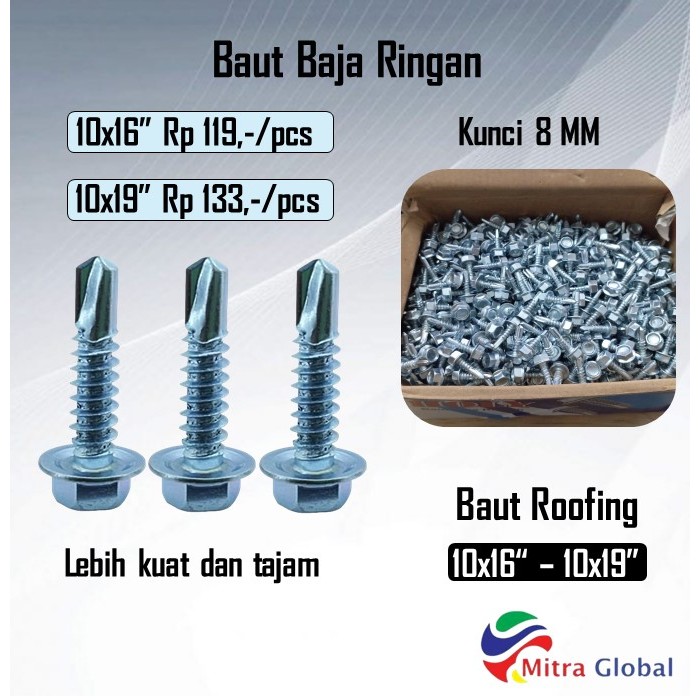 Jual 50PCS 10X19 DAN 10X16 BAUT / SEKRUP / ROOFING / RUPING BAJA RINGAN ...