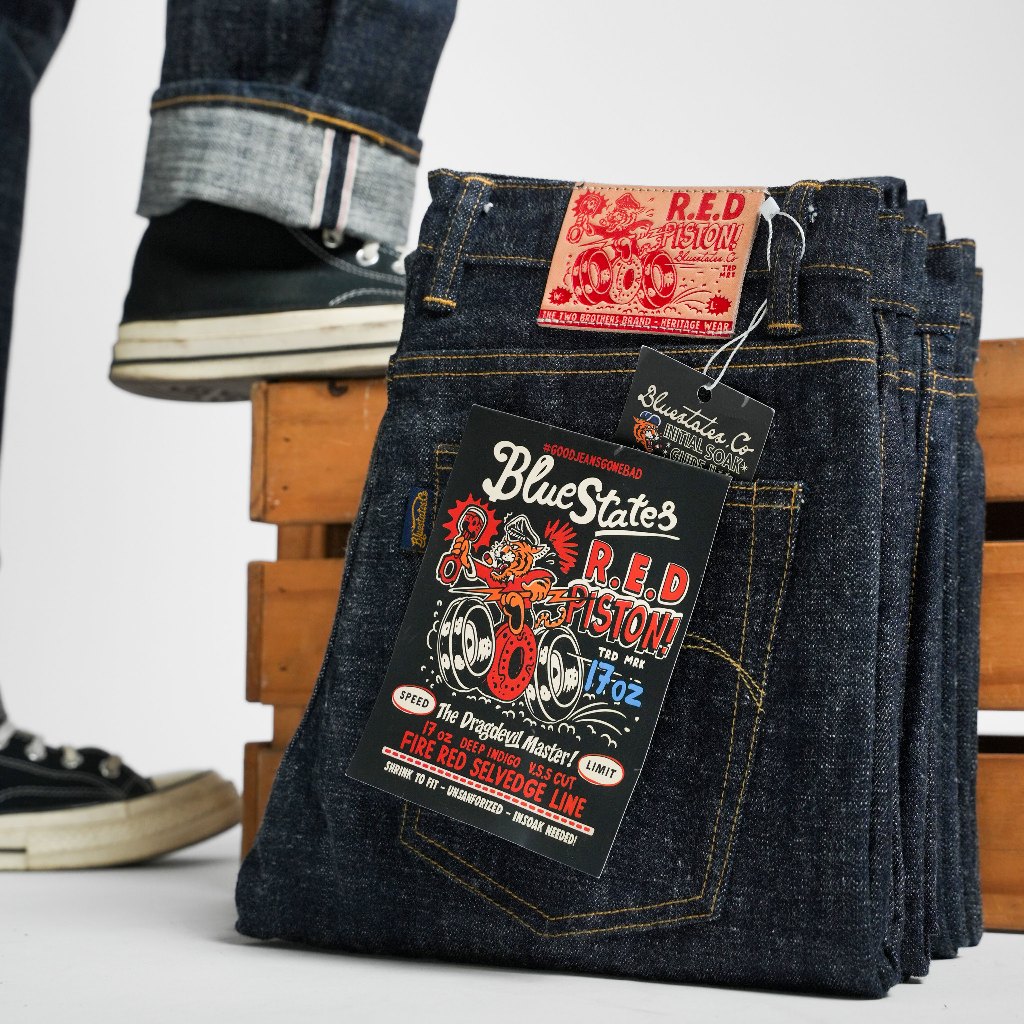 Jual RED PISTON 17oz - Unsanforized Raw Selvedge Denim | Shopee Indonesia