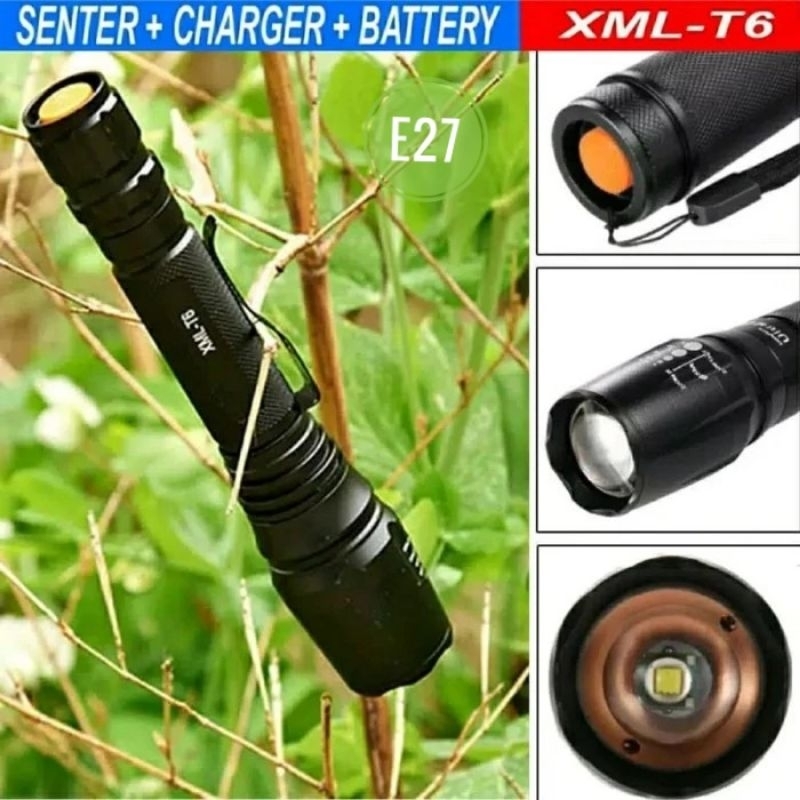 Jual Paket Komplit Senter Panjang XML T6 Sorot Mantap | Shopee Indonesia