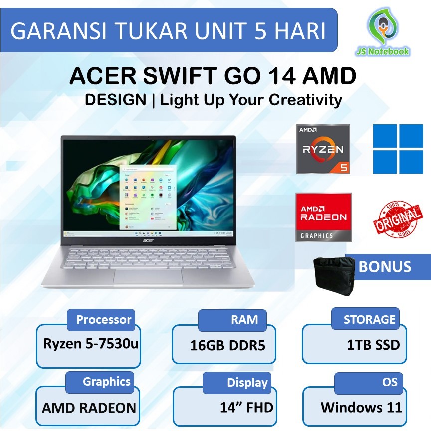 Jual Laptop Acer Swift Go 14 AMD Ryzen 5-7530u 16GB 1TB SSD Win11 | Shopee Indonesia