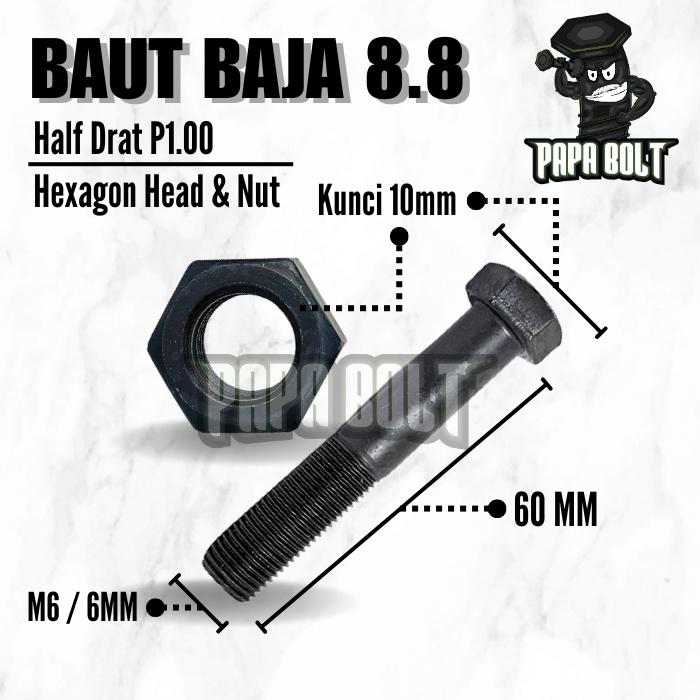Jual Baut Mur Baja 8.8 M6x60 Half Drat Halus P1.0 HTB 6x60 Kunci 10 | Shopee Indonesia