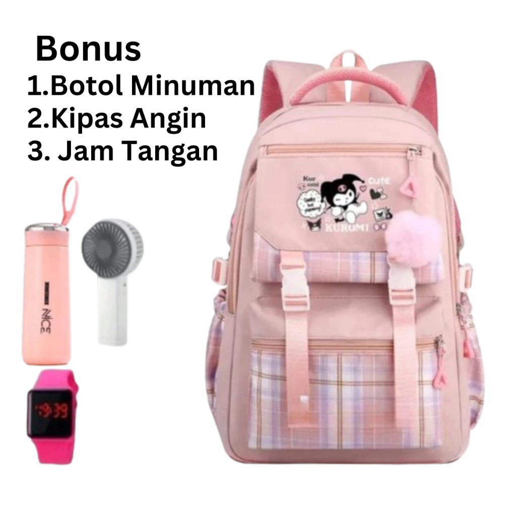 Jual Tas Ransel Sekolah Kuromi Wanita Buat SD SMP SMA Bonus Botol Minuman + Jam Tangan + Kipas ...
