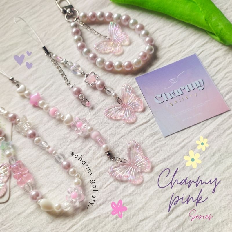 Jual Charmy pink series, pink pearl strap phone, pink pearl bracelet ...