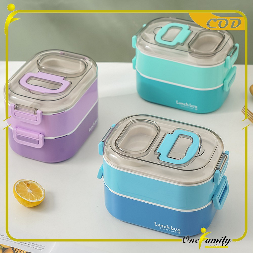 Jual ONE-C696 Tempat Makan Set 2 Tingkat Anti Tumpah / Lunch Box Susun Free Sendok Portable ...